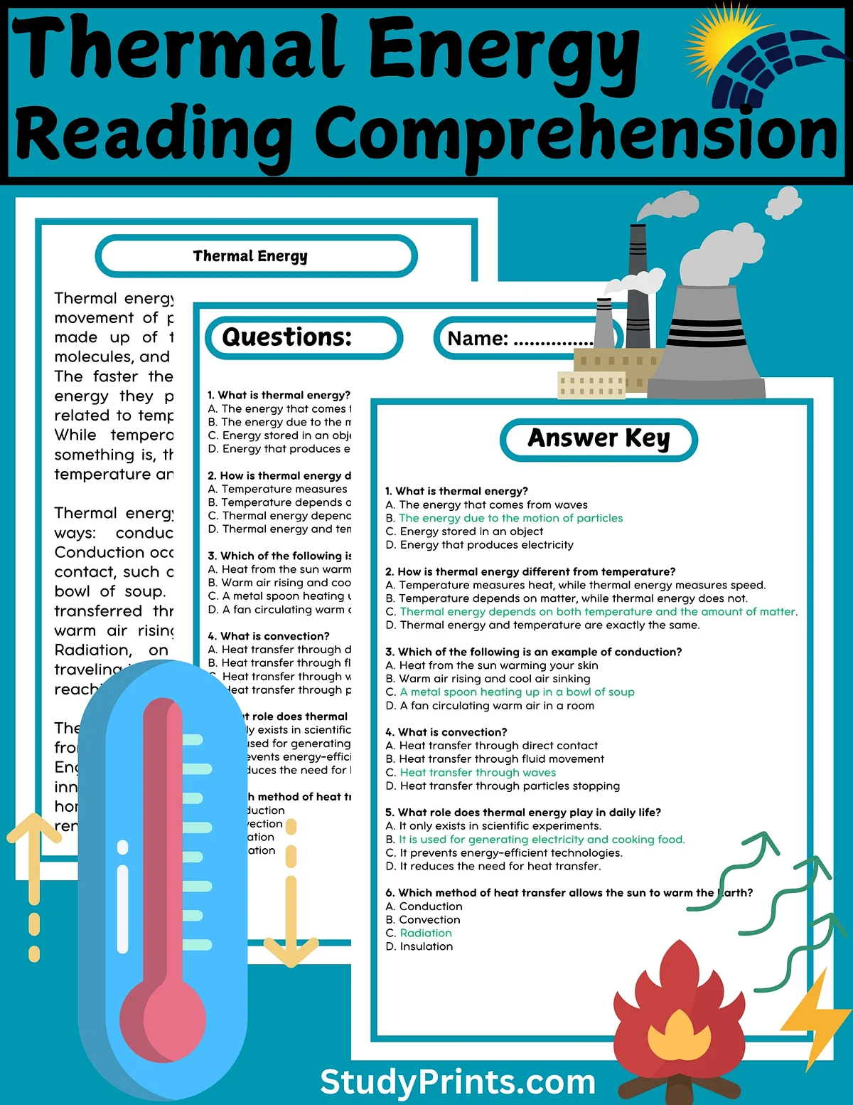 Thermal Energy Reading Passage with Comprehension Questions | Study Prints