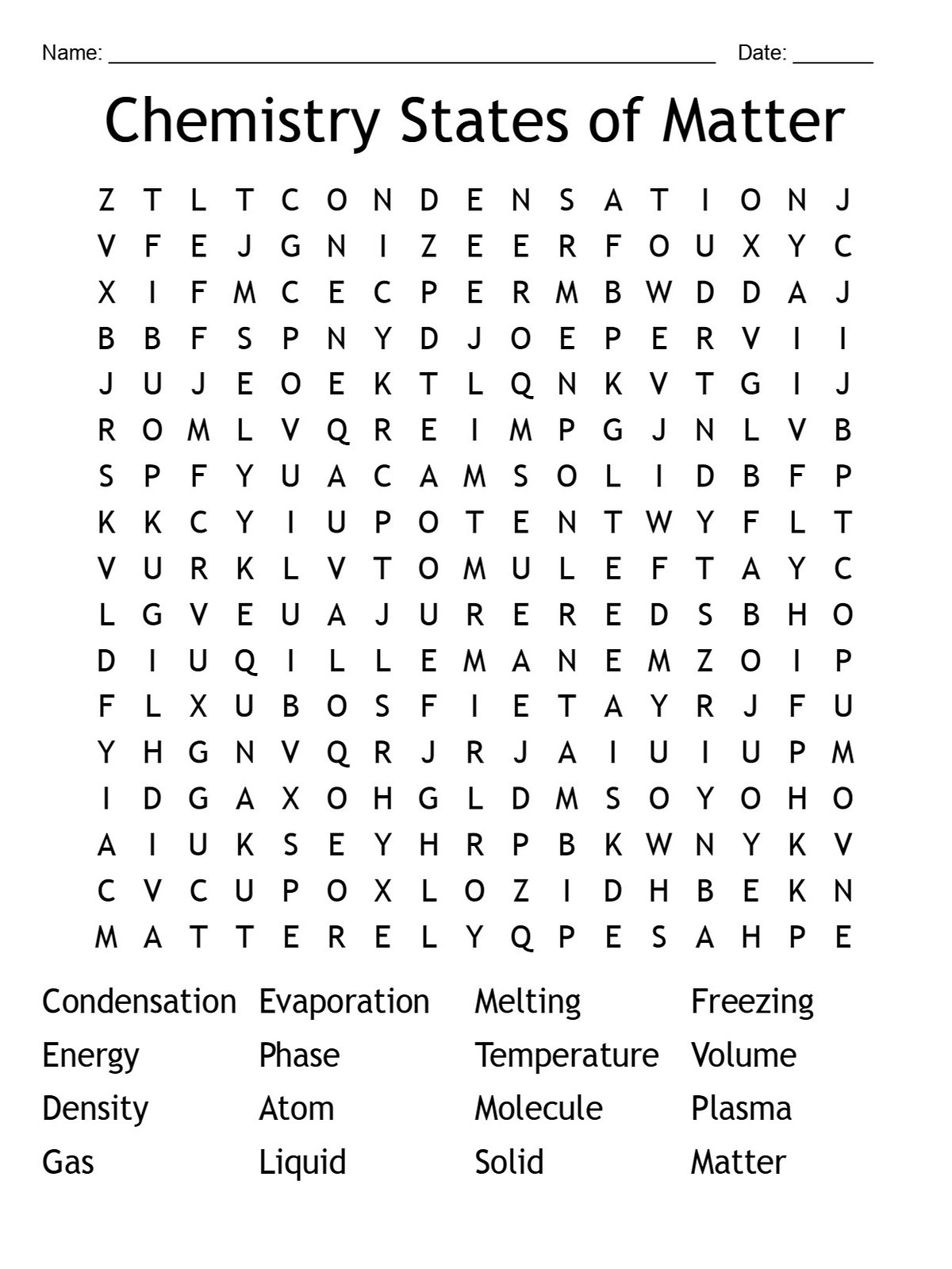 Printable Chemistry States of Matter Word Search – 16 Key Vocabulary ...