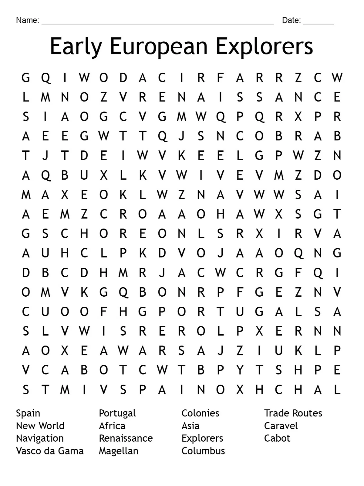 Early European Explorers Word Search Puzzle Worksheet | Learn Prints ...