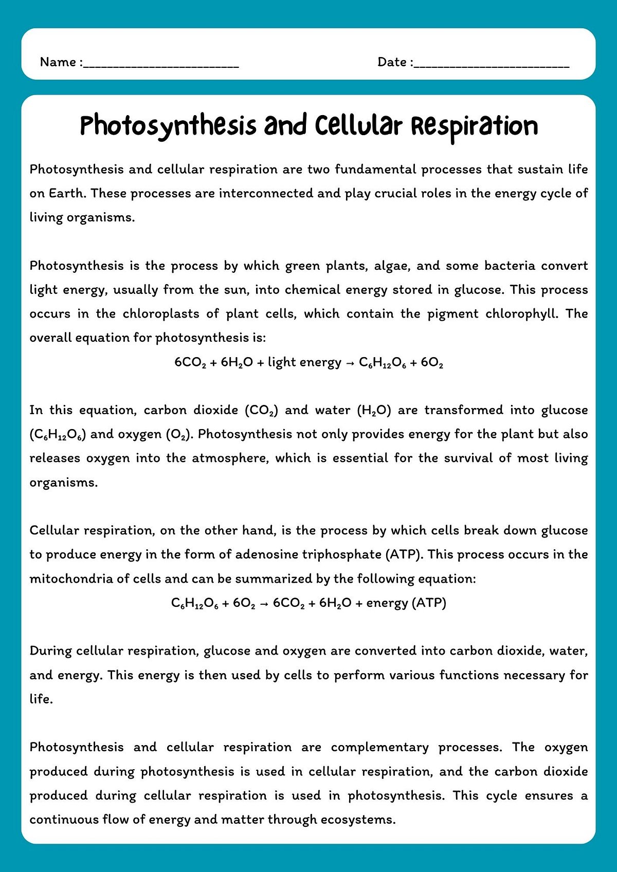 Photosynthesis and Cellular Respiration Reading Comprehension Passage ...