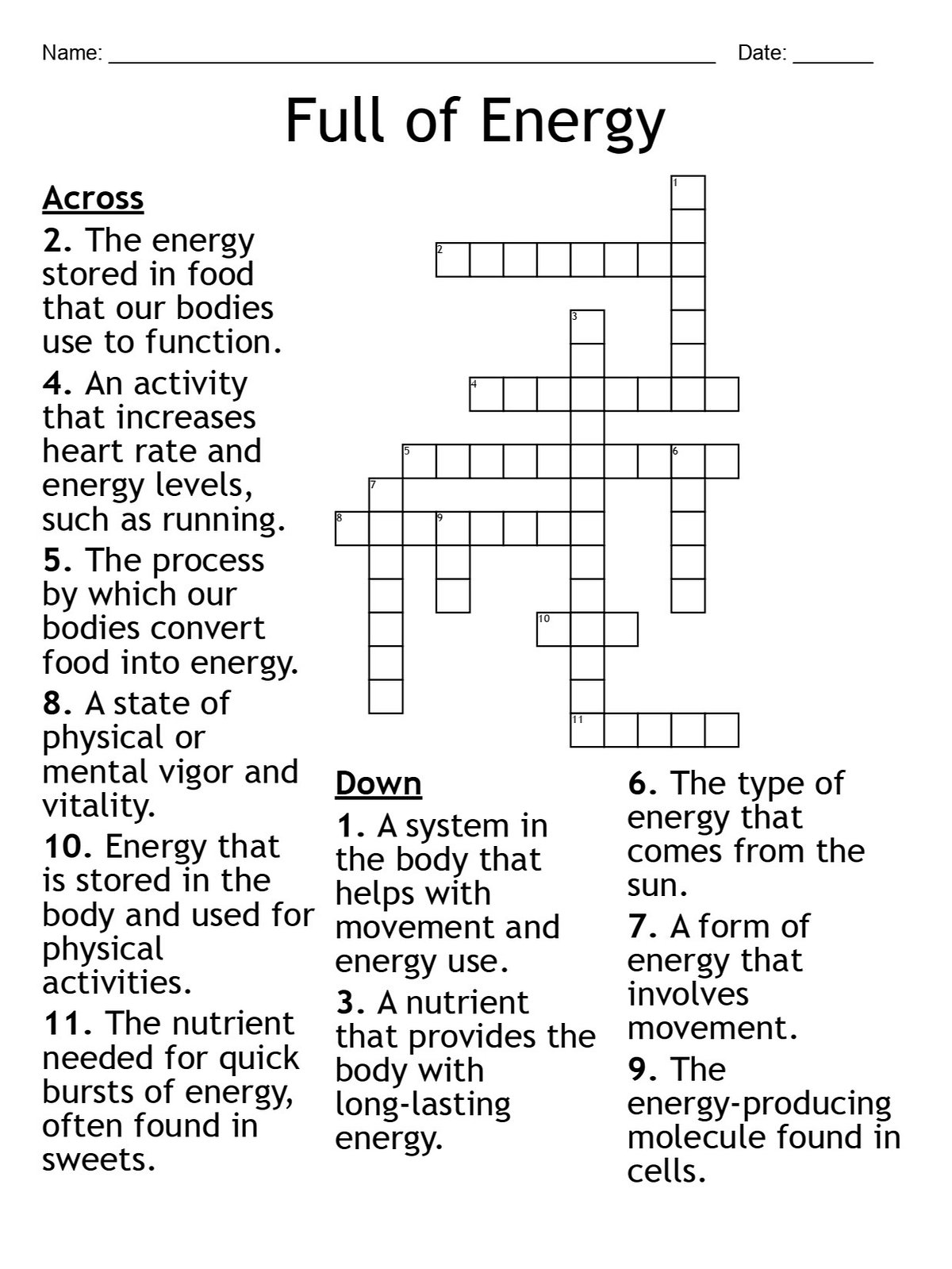 Full of Energy Crossword Puzzle | Learn Prints - The Learning Starts Here