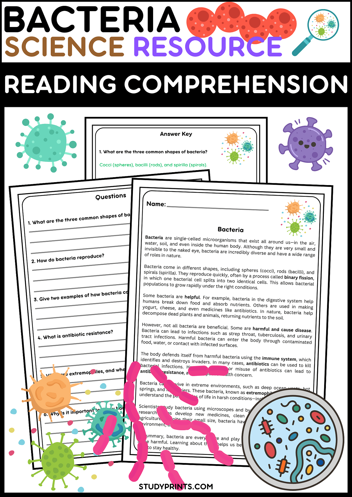 Bacteria Reading Passage with Comprehension Questions | Science ...