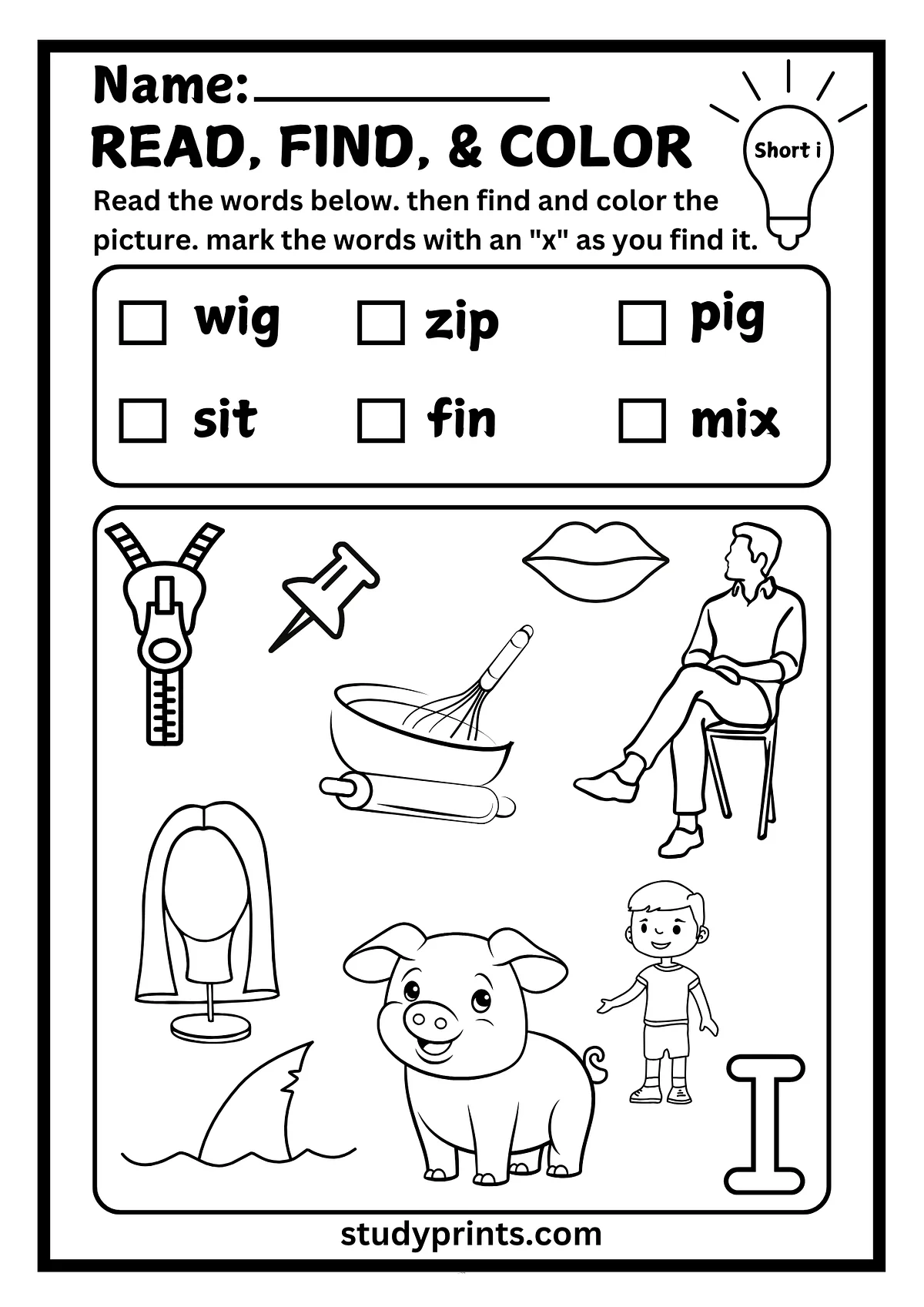 Short I CVC Words : Read, Find, and Color Activity Worksheet | Study Prints