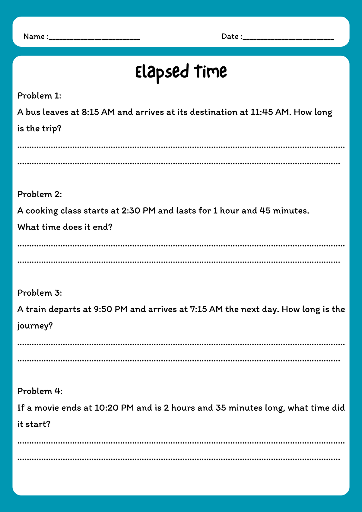 Elapsed Time Practice Worksheet - 10 Word Problems | Learn Prints - The ...