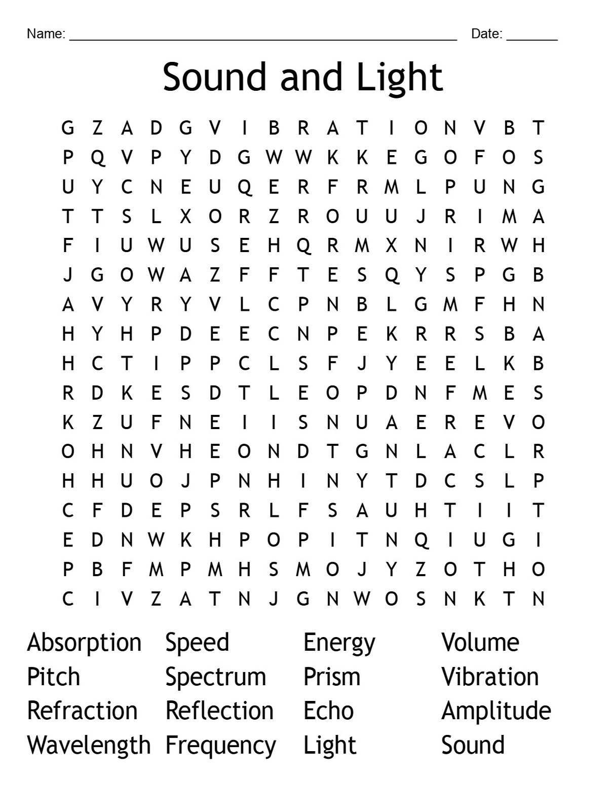 Printable Sound and Light Word Search – Fun Science Puzzle Activity ...