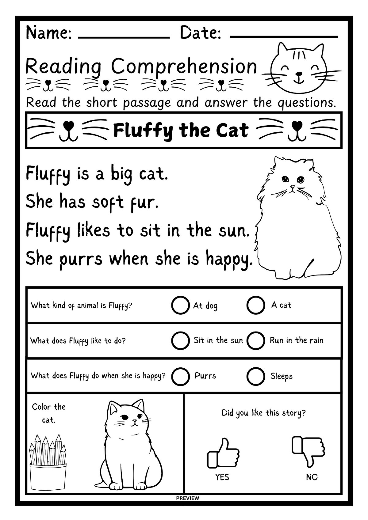 Fluffy the Cat - Kindergarten Reading Comprehension Worksheet | Study ...